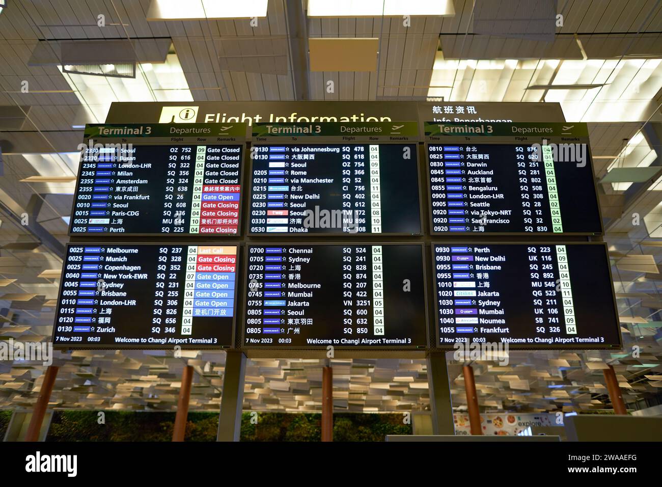 SINGAPORE - NOVEMBER 06, 2023: digital flight information display ...