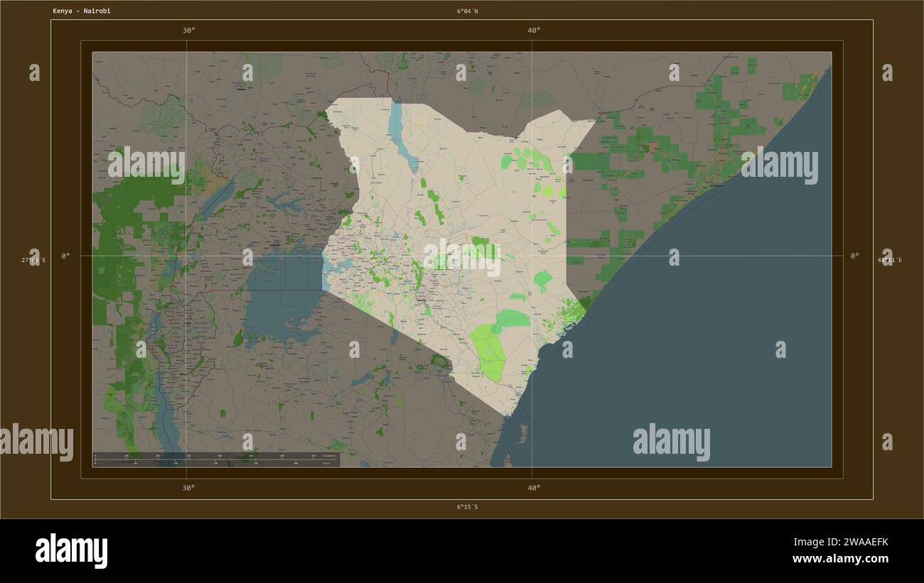 Kenya highlighted on a topographic, OSM France style map map with the ...