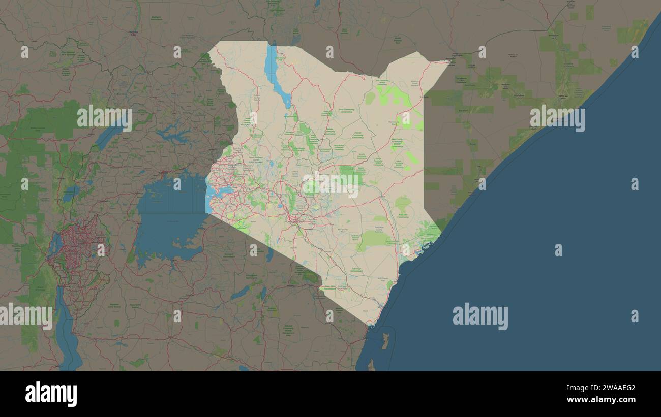 Kenya highlighted on a topographic, OSM Germany style map Stock Photo ...