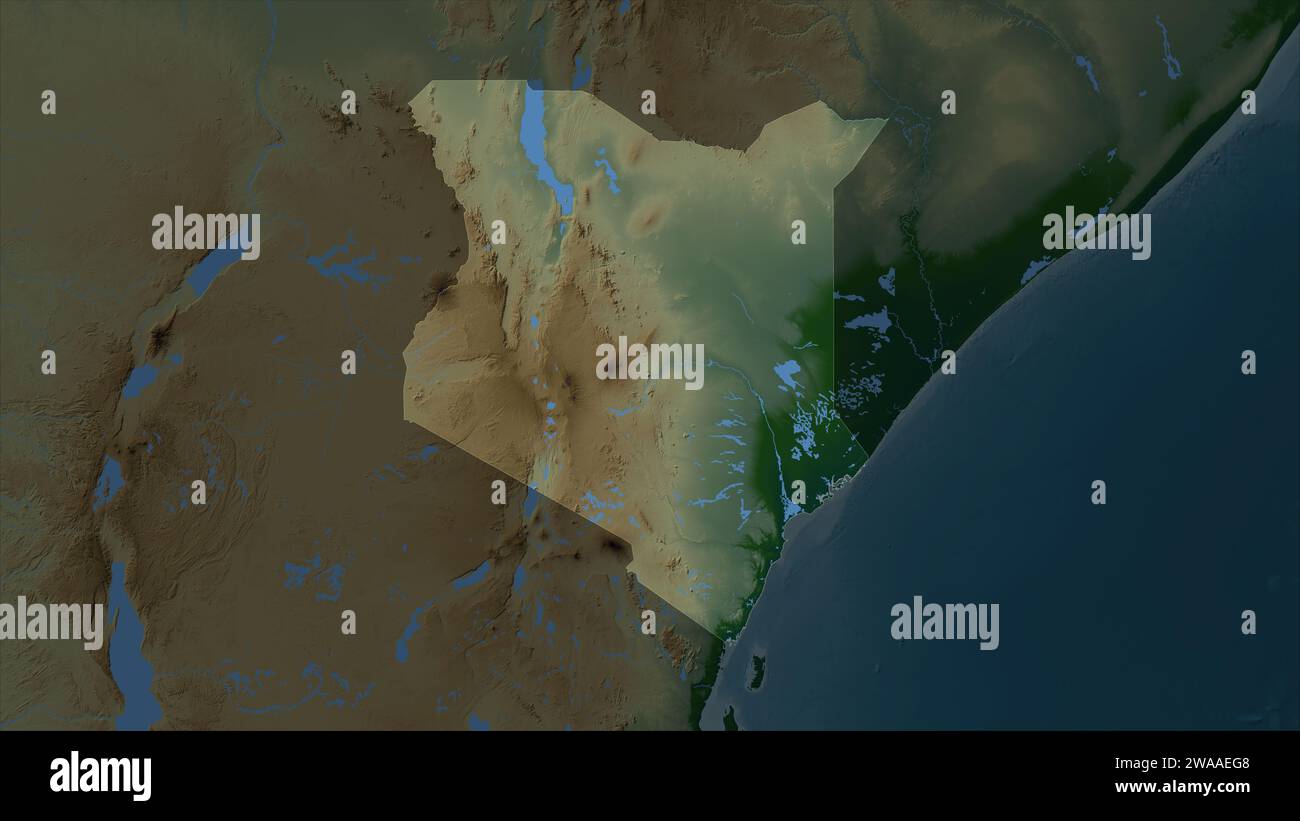 Kenya highlighted on a Colored elevation map with lakes and rivers ...