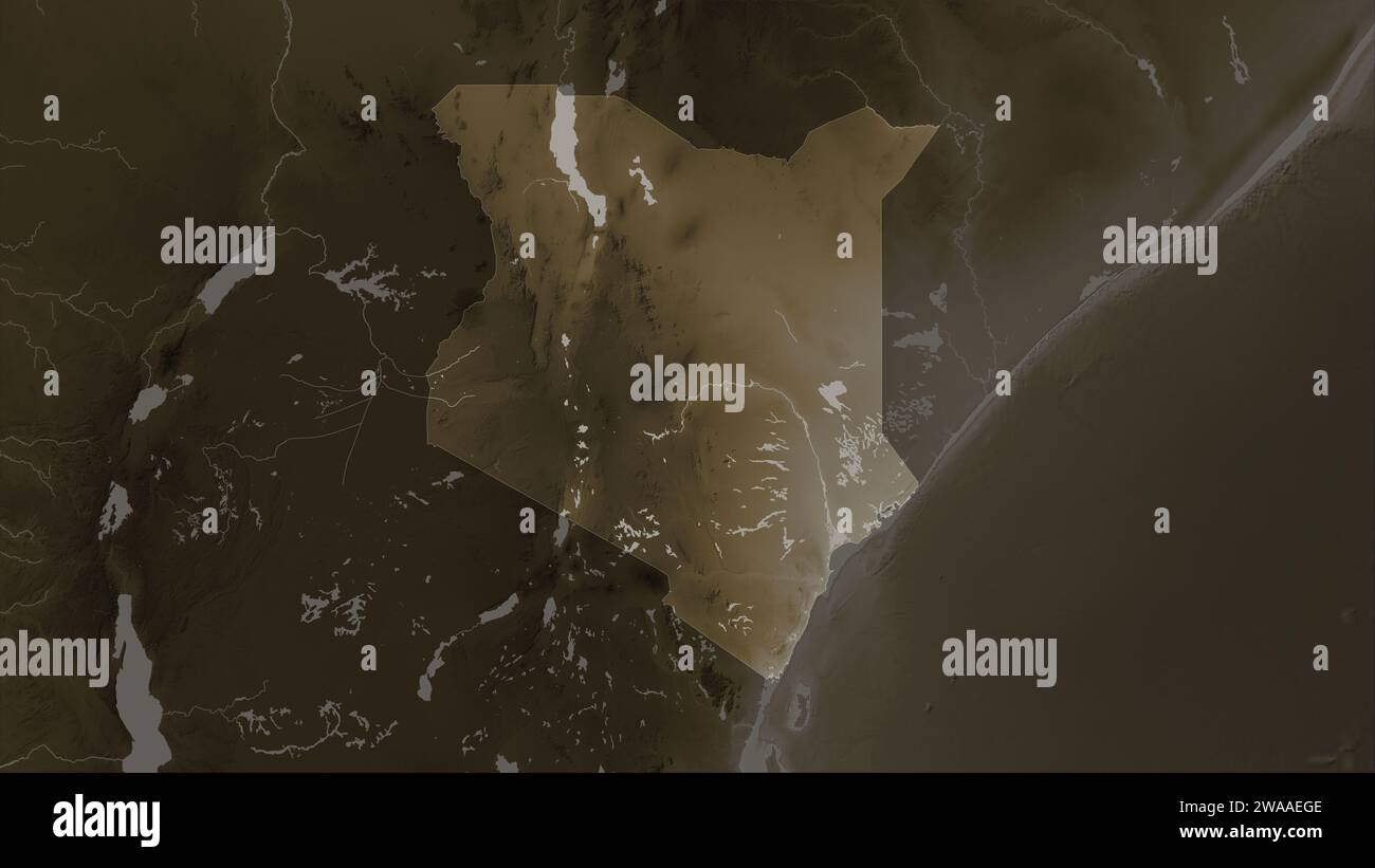Kenya highlighted on a elevation map colored in sepia tones with lakes ...