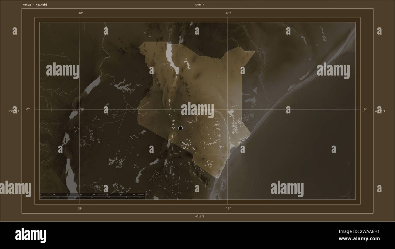 Kenya highlighted on a elevation map colored in sepia tones with lakes ...