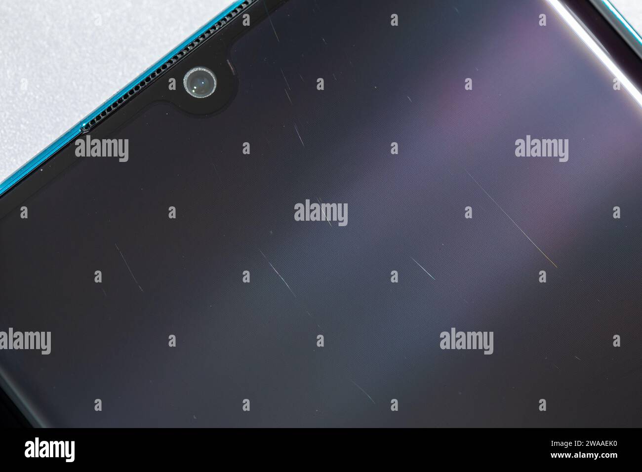 tiny scratches on clean used contemporary smartphone screen surface ...