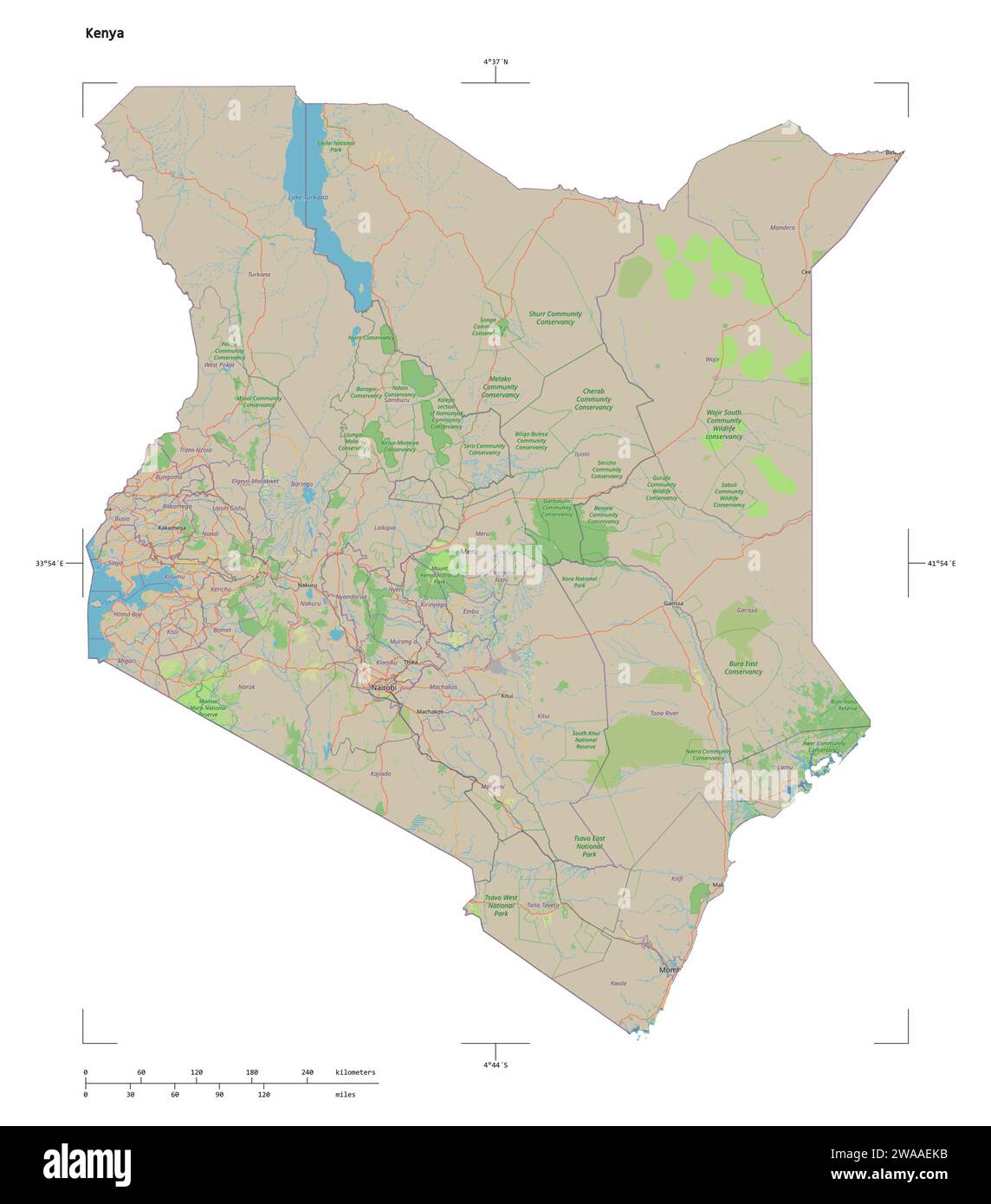 Shape of a topographic, OSM standard style map of the Kenya, with ...