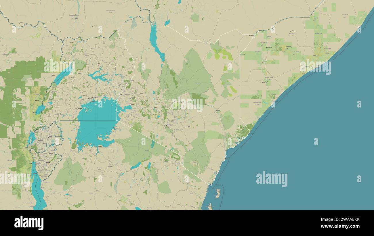 Kenya outlined on a topographic, OSM Humanitarian style map Stock Photo ...