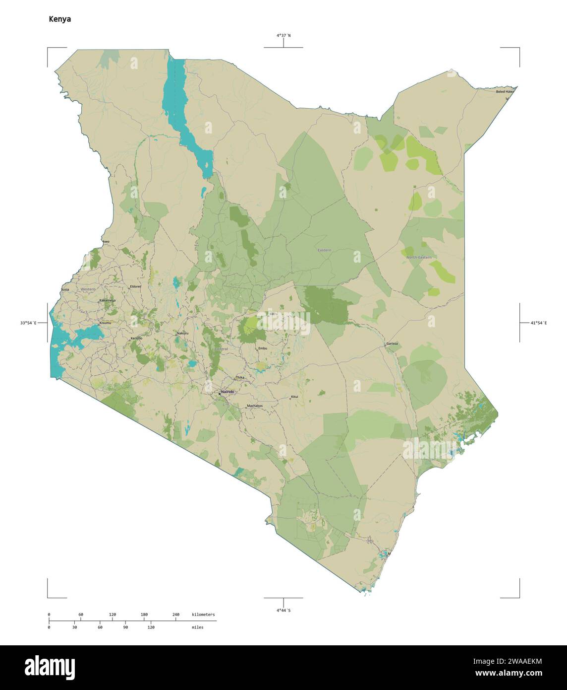 Shape of a topographic, OSM Humanitarian style map of the Kenya, with ...