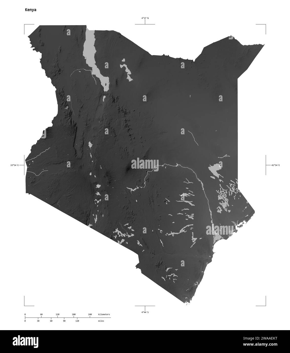 Shape of a Grayscale elevation map with lakes and rivers of the Kenya ...