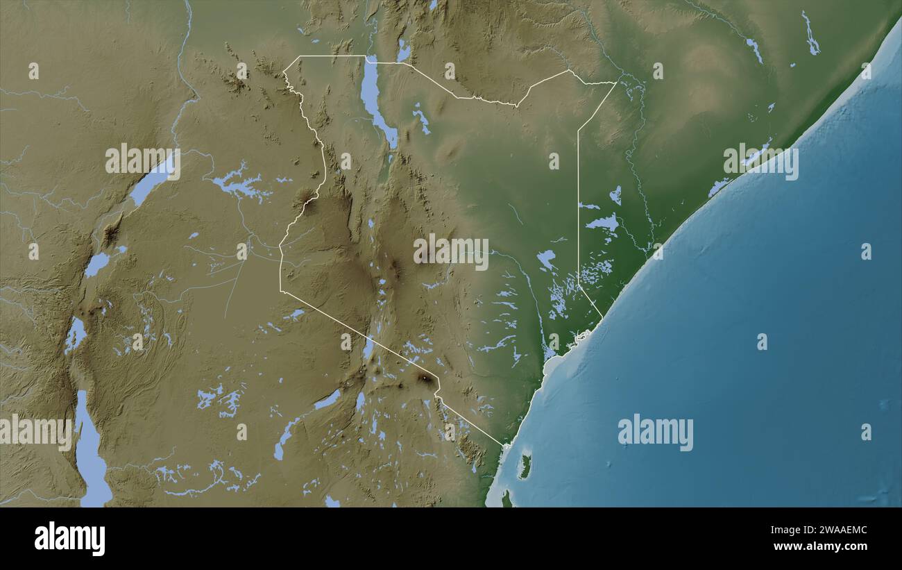 Kenya outlined on a Pale colored elevation map with lakes and rivers ...