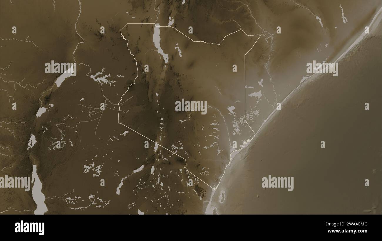 Kenya outlined on a elevation map colored in sepia tones with lakes and ...