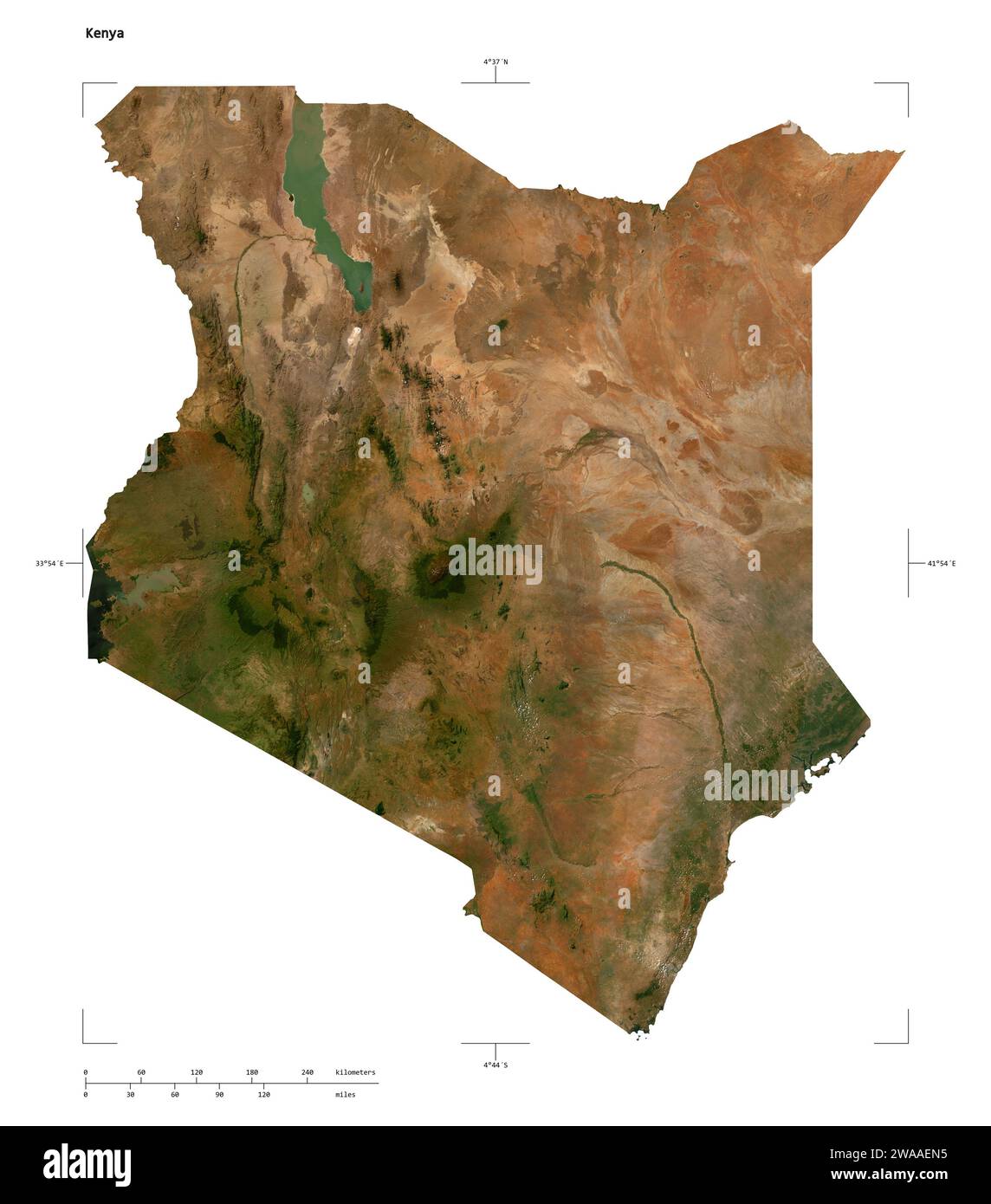 Shape of a low resolution satellite map of the Kenya, with distance ...