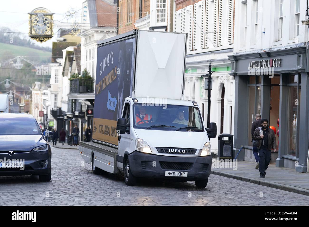 Liberal Democrat leader Sir Ed Davey driving a poster van through ...