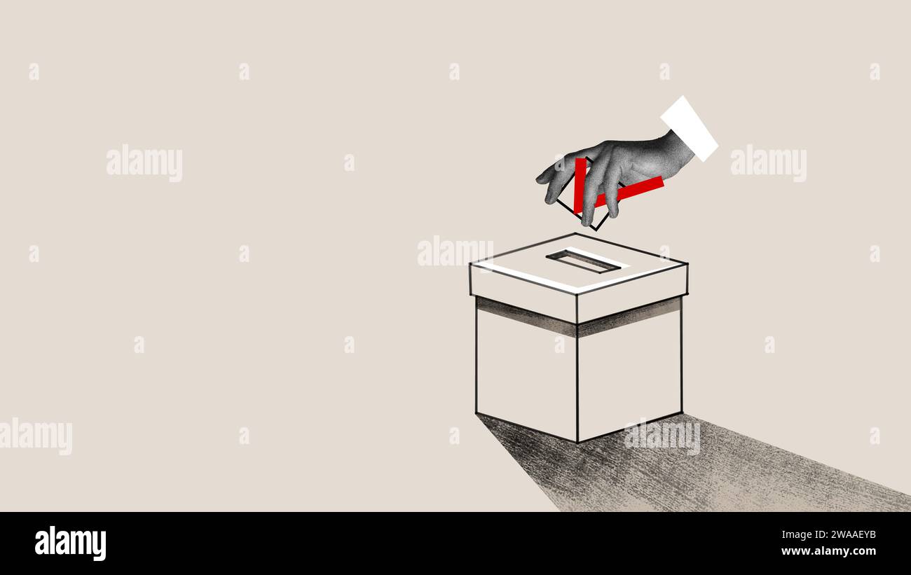 Human hand putting red check mark into ballot box. Contemporary art ...