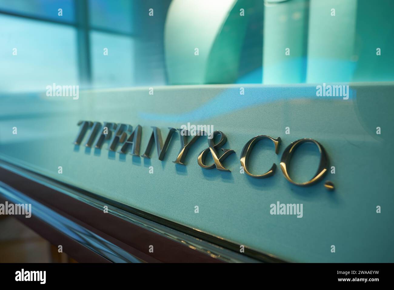 SINGAPORE - NOVEMBER 07, 2023: close up shot of Tiffany and Co sign as ...