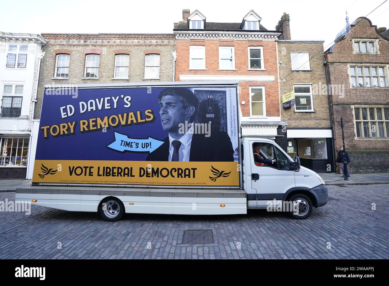 Liberal Democrat leader Sir Ed Davey driving a poster van through ...