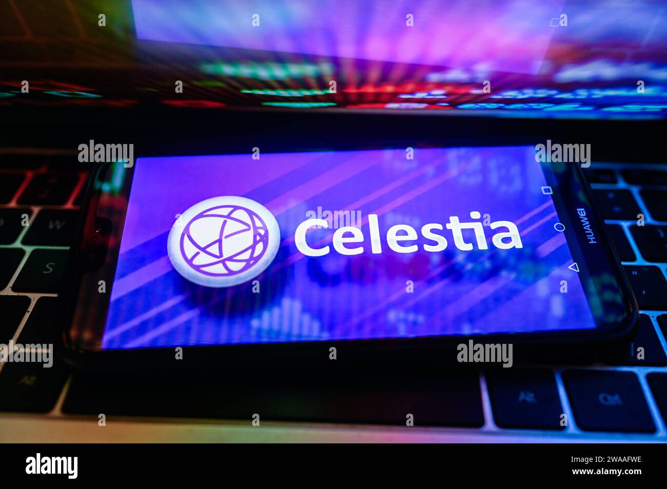 Poland. 03rd Jan, 2024. In this photo illustration a Celestia logo is ...