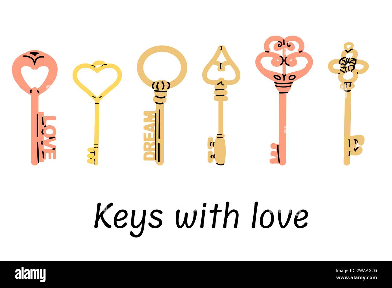vintage antique keys and lettering keys with love. Vector illustration ...