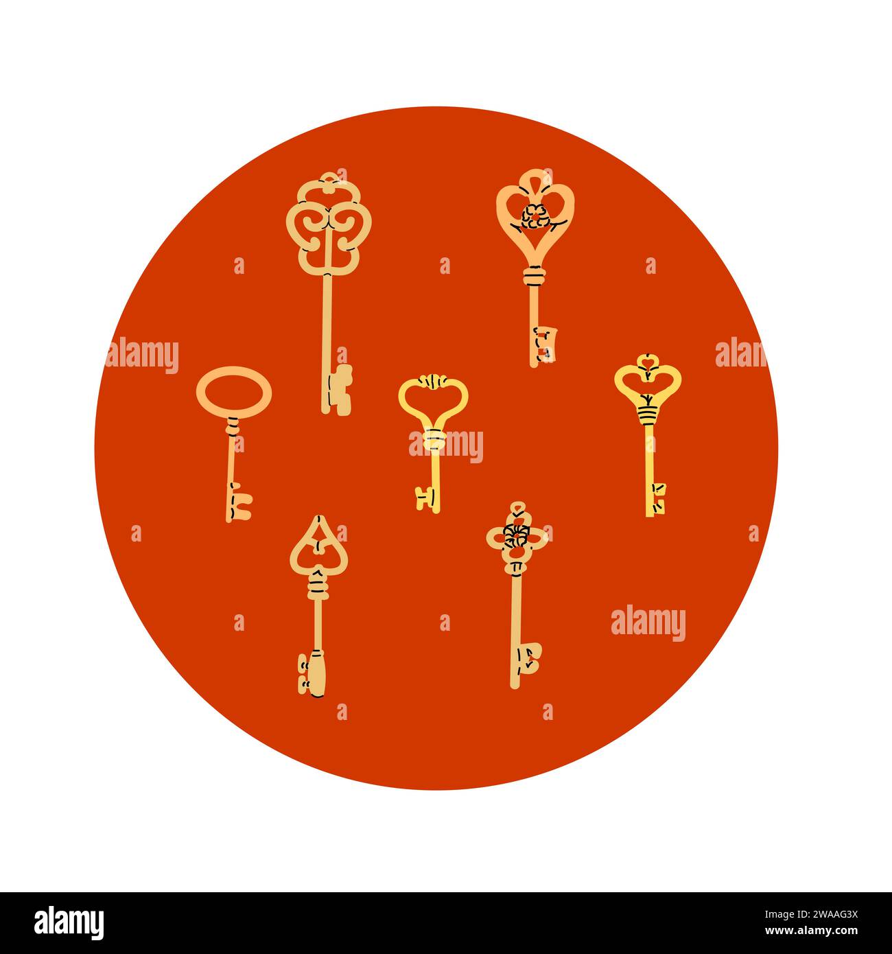 golden vintage keys on red round - background. Vector illustration of ...