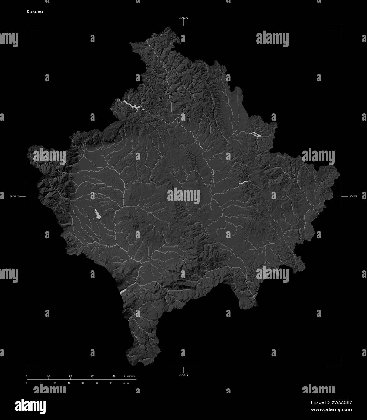 Shape of a Grayscale elevation map with lakes and rivers of the Kosovo, with distance scale and ...