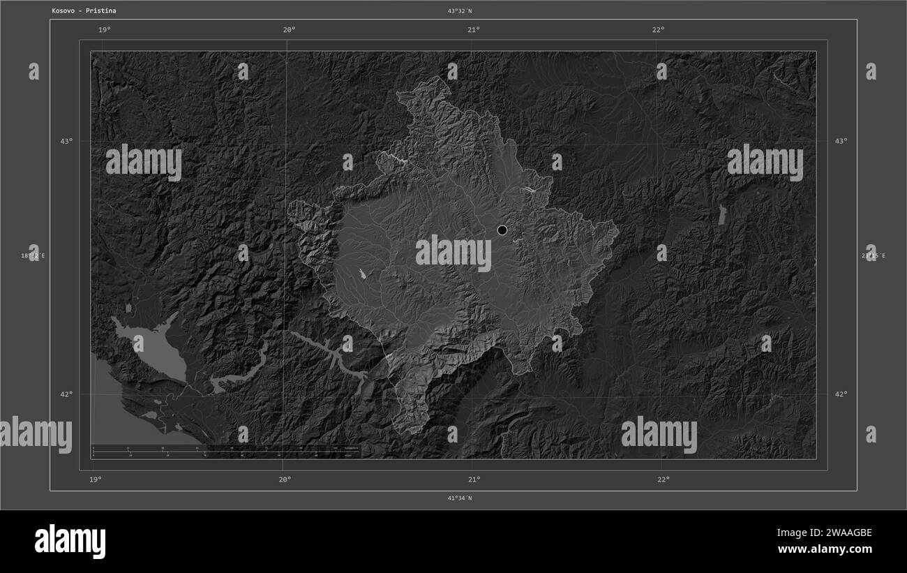 Kosovo highlighted on a Bilevel elevation map with lakes and rivers map with the country's ...
