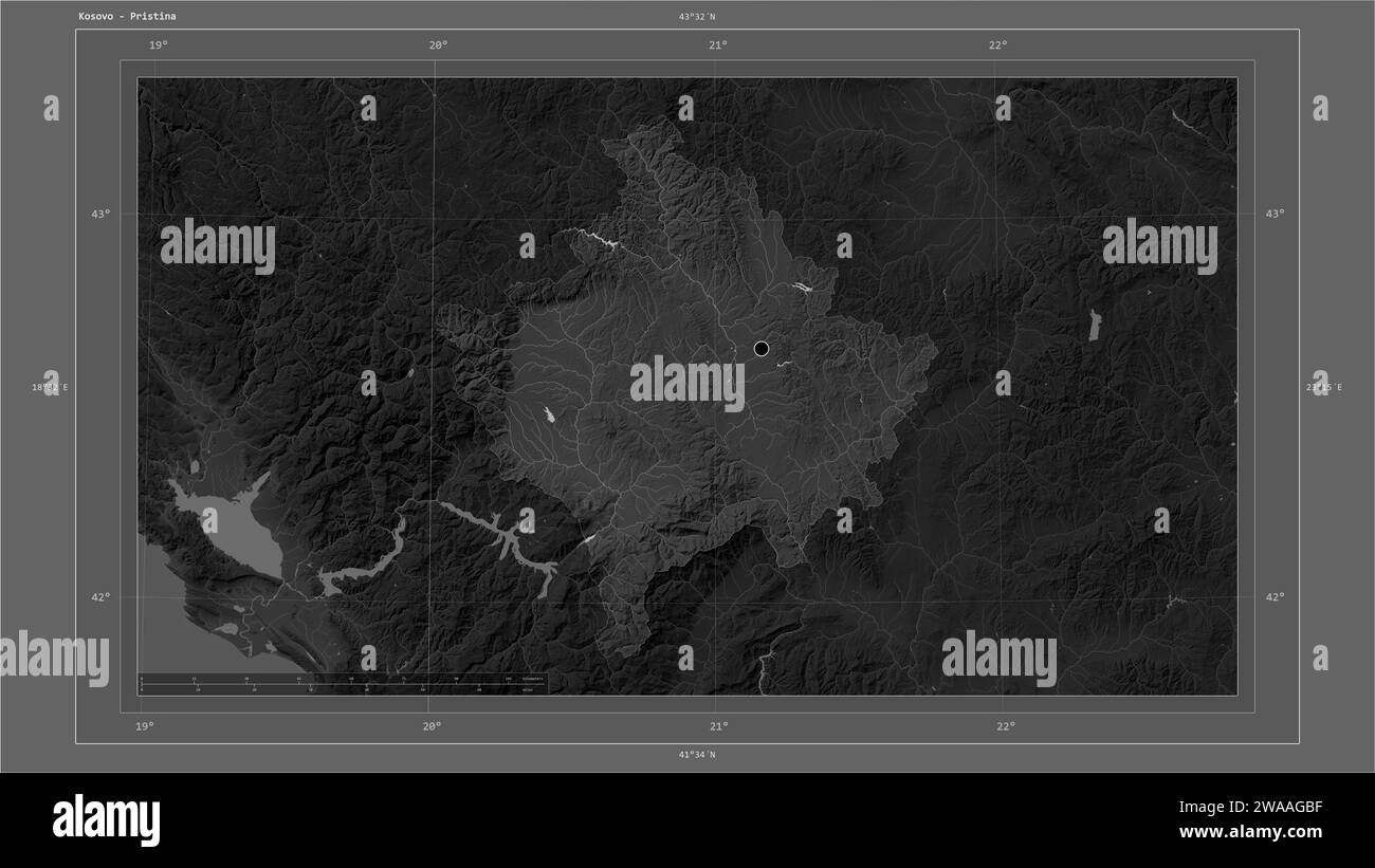 Kosovo highlighted on a Grayscale elevation map with lakes and rivers map with the country's ...
