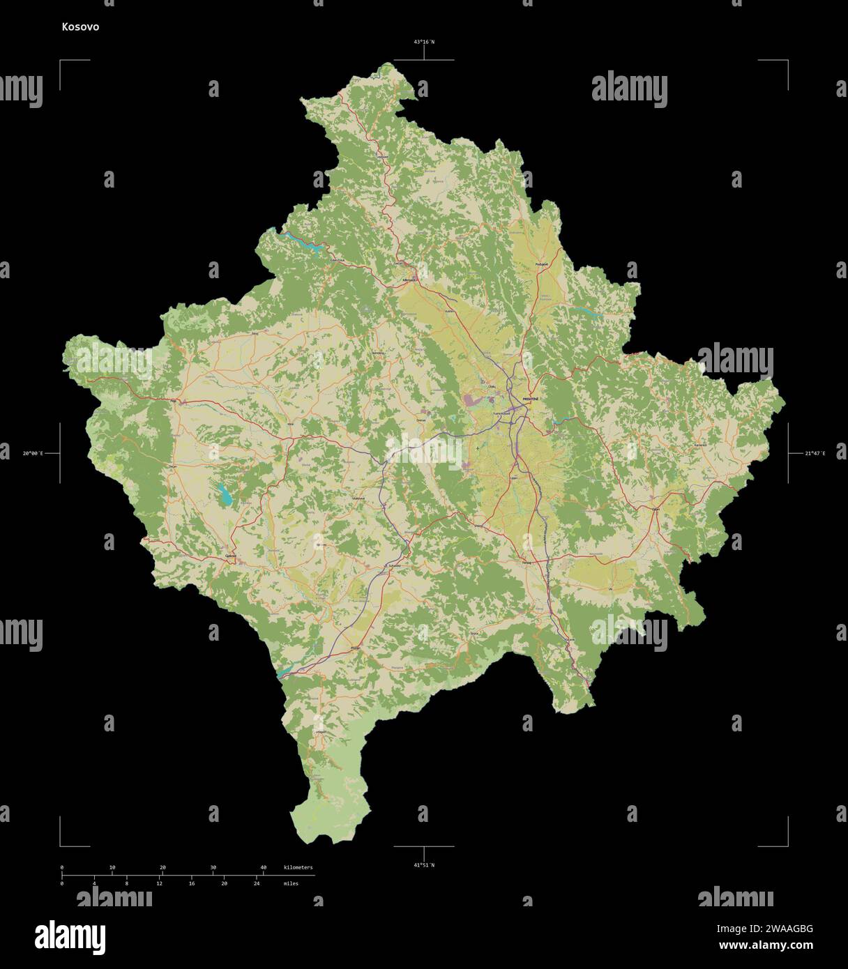 Shape of a topographic, OSM Humanitarian style map of the Kosovo, with ...
