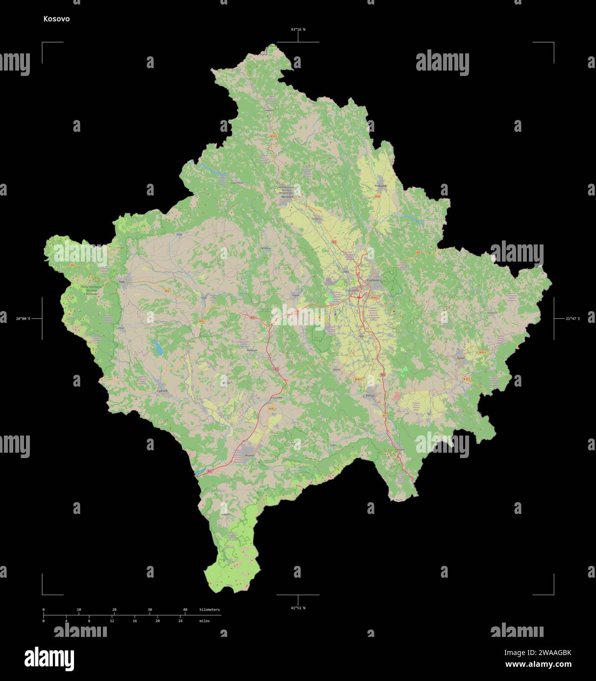Shape of a topographic, OSM standard style map of the Kosovo, with ...