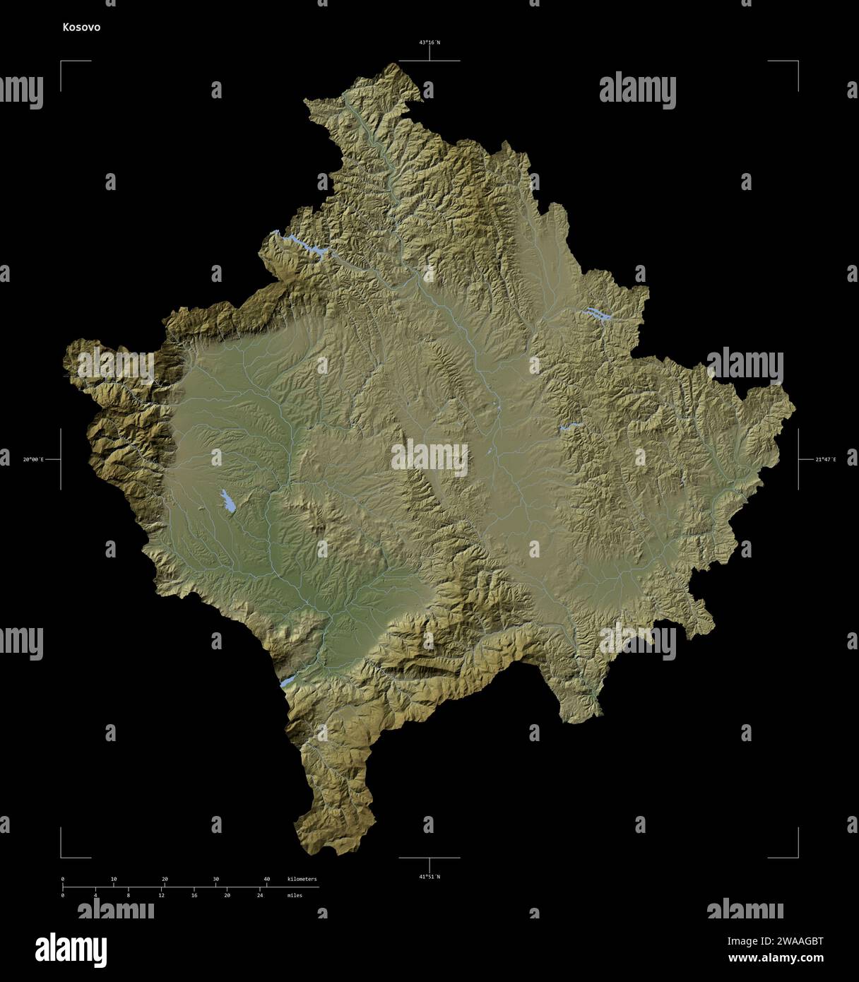 Shape of a Pale colored elevation map with lakes and rivers of the Kosovo, with distance scale ...