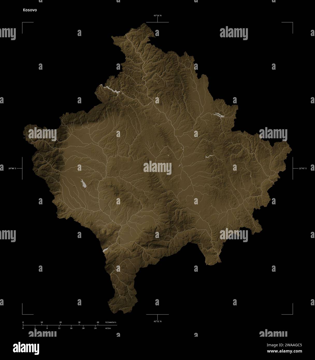 Shape of a elevation map colored in sepia tones with lakes and rivers of the Kosovo, with ...