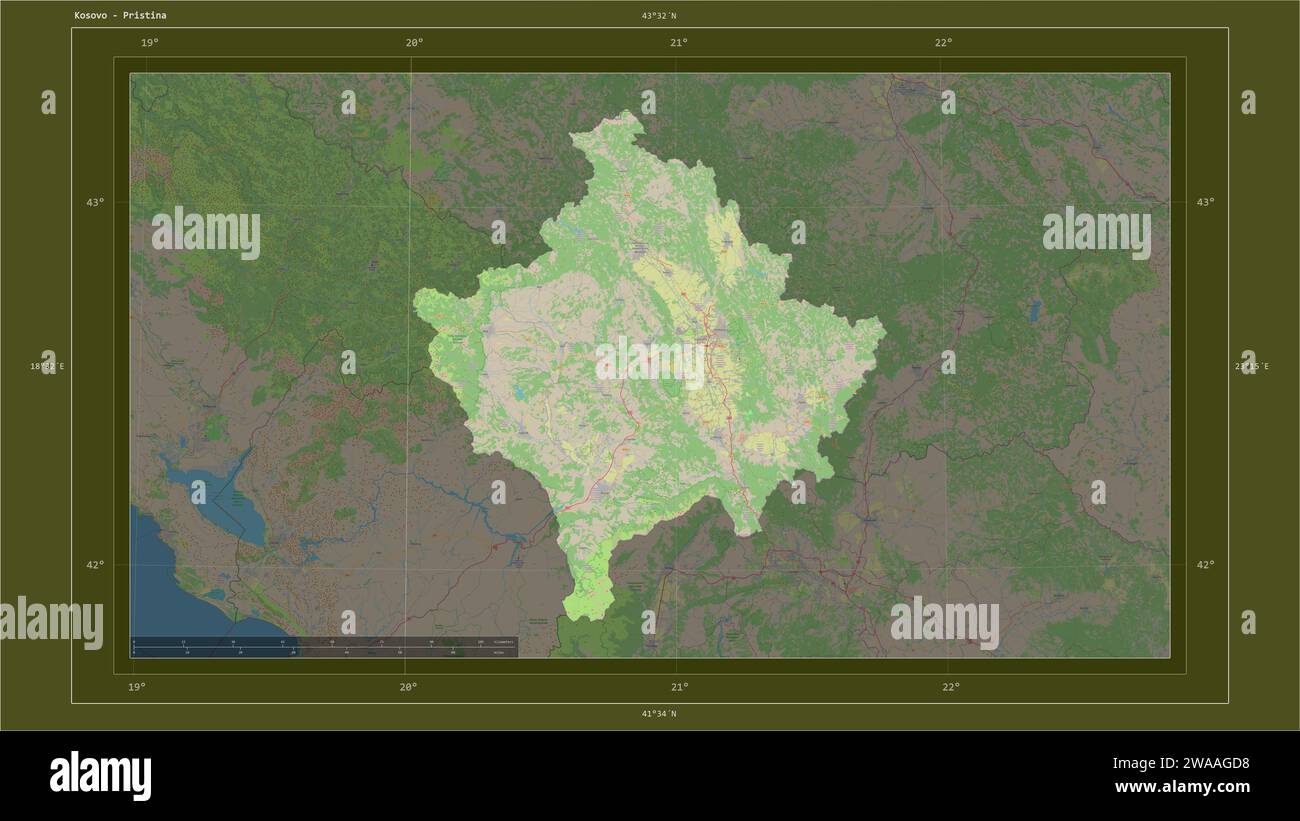 Kosovo highlighted on a topographic, OSM standard style map map with the country's capital point ...