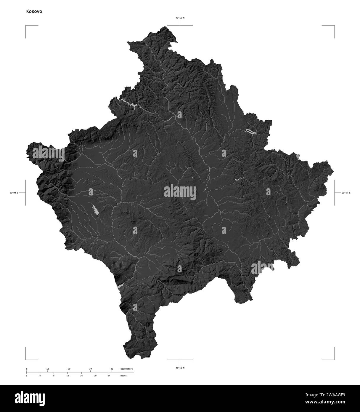 Shape of a Grayscale elevation map with lakes and rivers of the Kosovo, with distance scale and ...