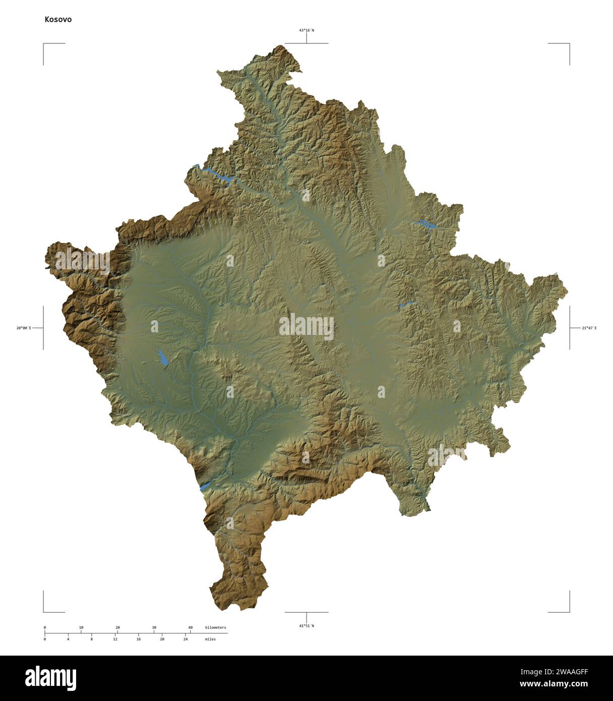 Shape of a Colored elevation map with lakes and rivers of the Kosovo, with distance scale and ...