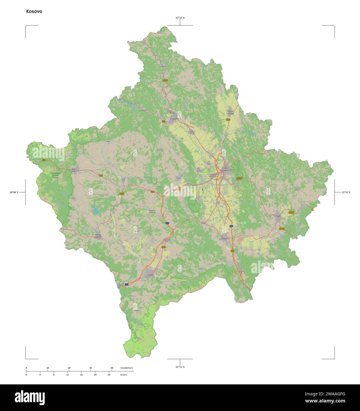 Shape of a topographic, OSM Germany style map of the Kosovo, with distance scale and map border ...