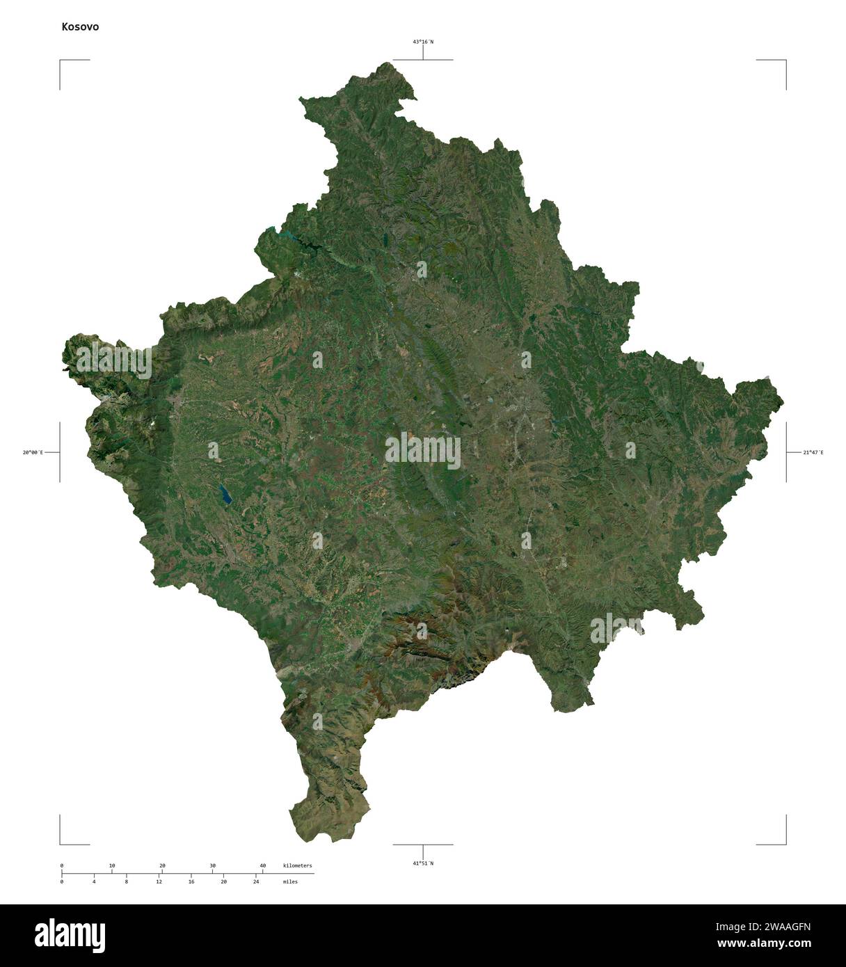 Shape of a high resolution satellite map of the Kosovo, with distance scale and map border ...