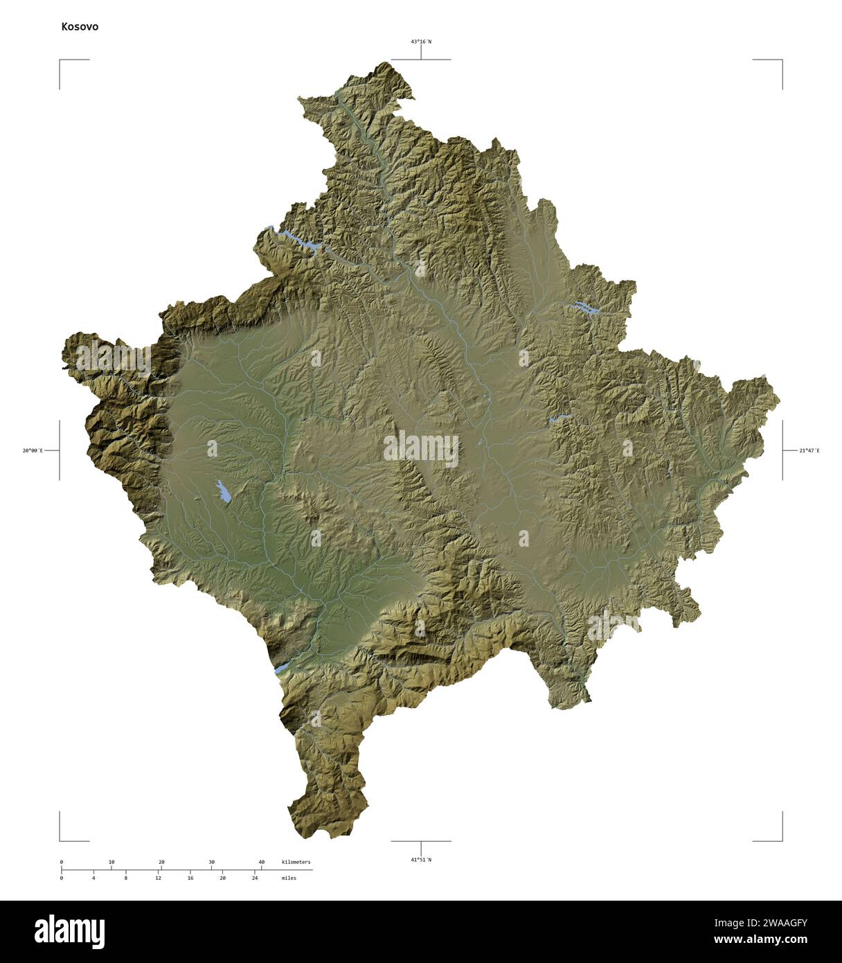 Shape of a Pale colored elevation map with lakes and rivers of the Kosovo, with distance scale ...