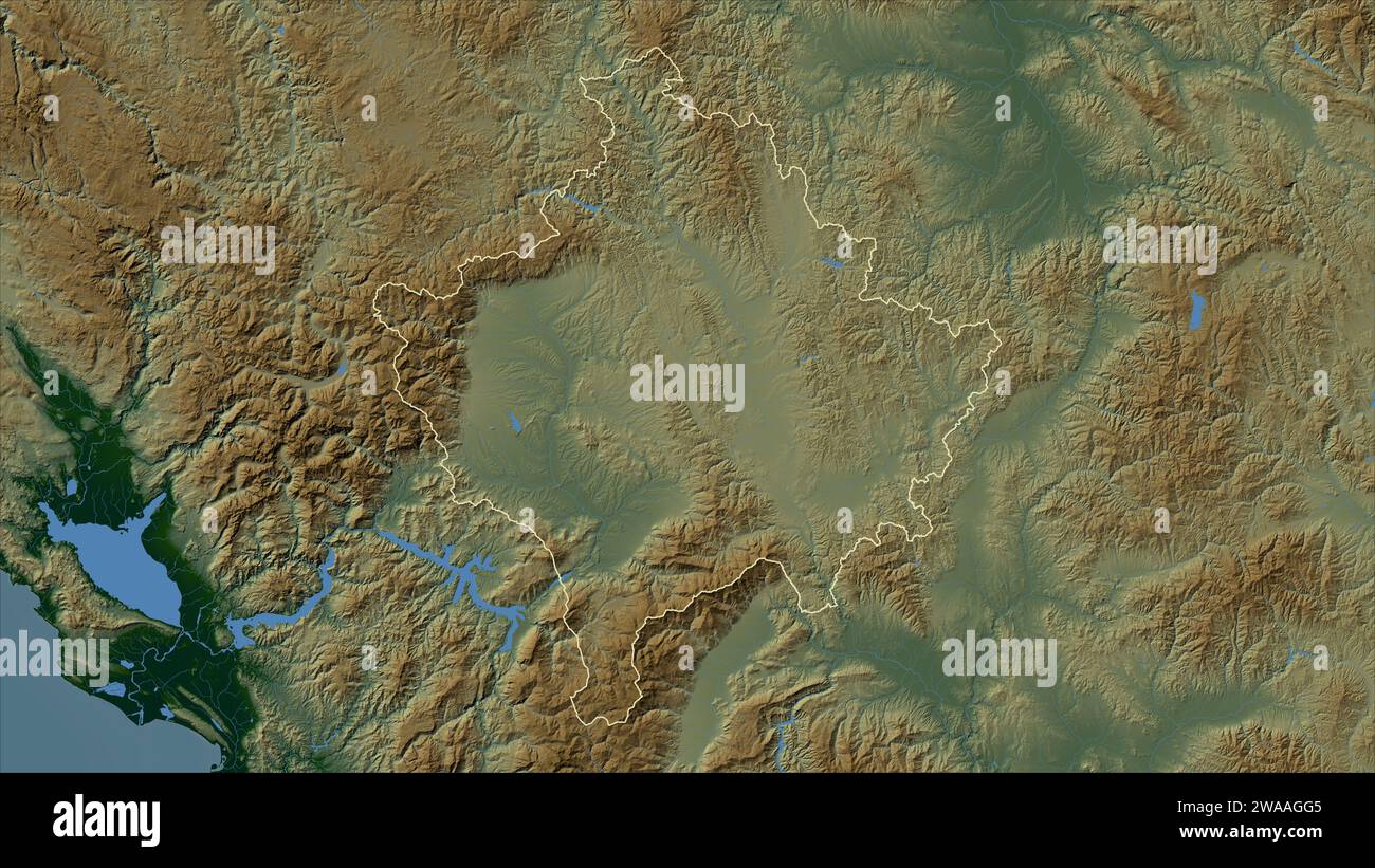 Kosovo outlined on a Colored elevation map with lakes and rivers Stock Photo - Alamy