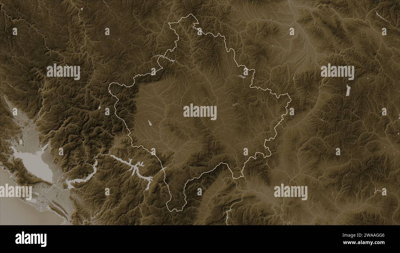 Kosovo outlined on a elevation map colored in sepia tones with lakes and rivers Stock Photo - Alamy