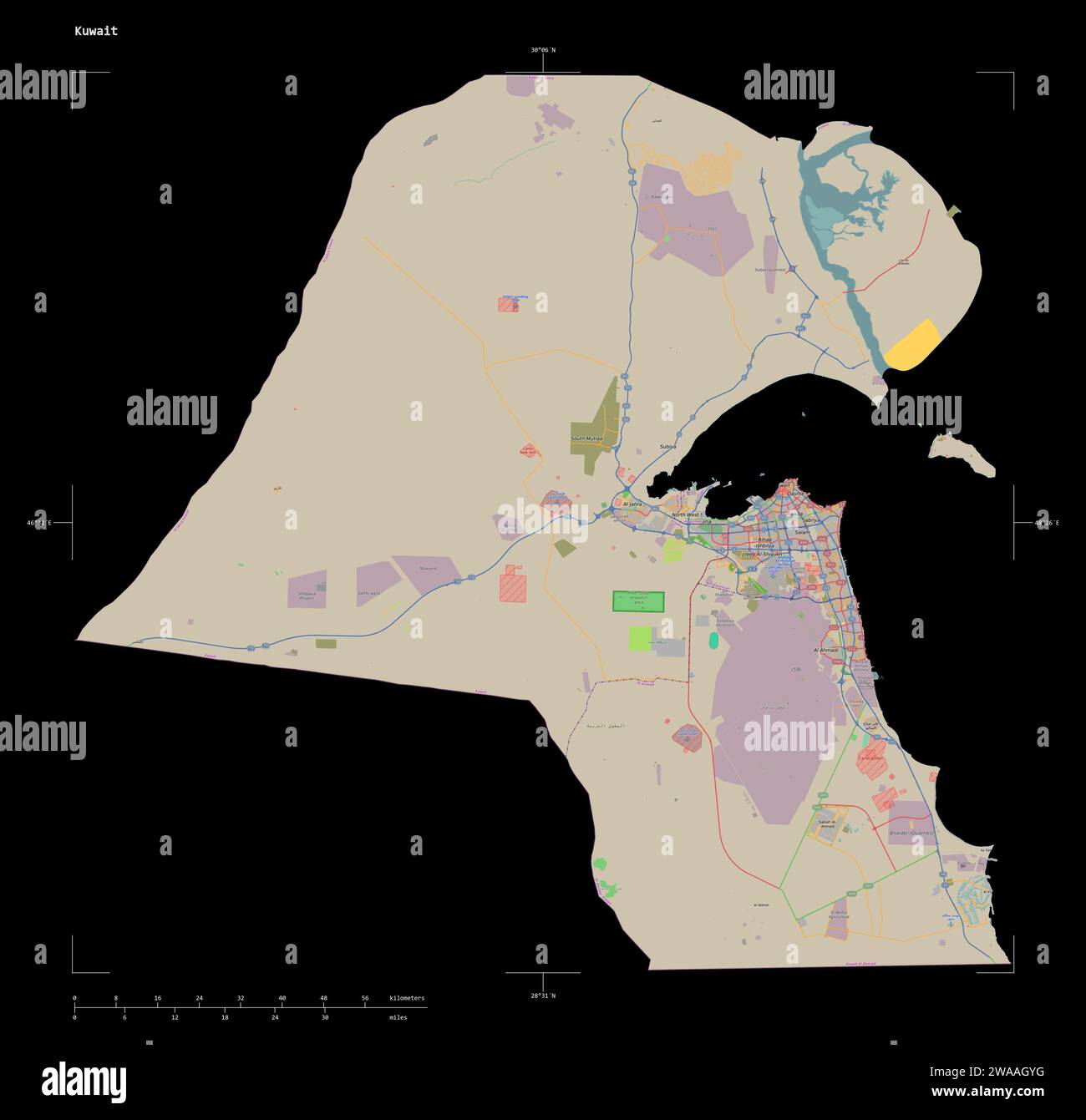 Shape of a topographic, OSM France style map of the Kuwait, with ...