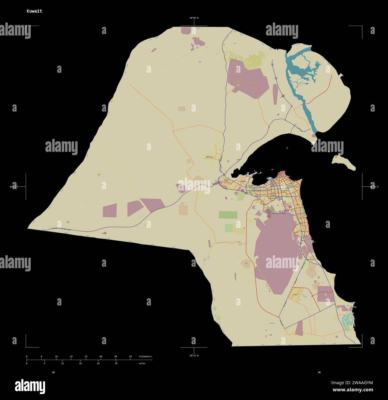 Shape of a topographic, OSM Humanitarian style map of the Kuwait, with ...