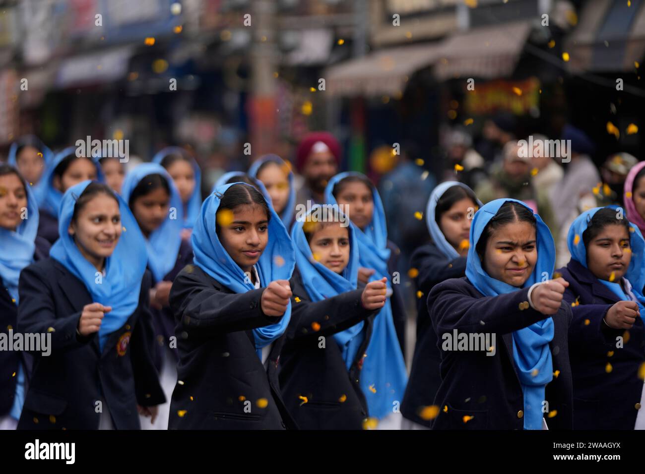 Indian Sikh children participate in a religious procession ahead of the birth anniversary of ...