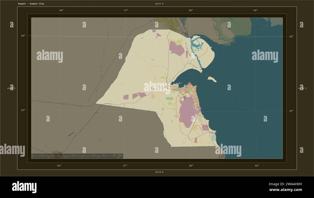 Kuwait highlighted on a topographic, OSM Humanitarian style map map ...