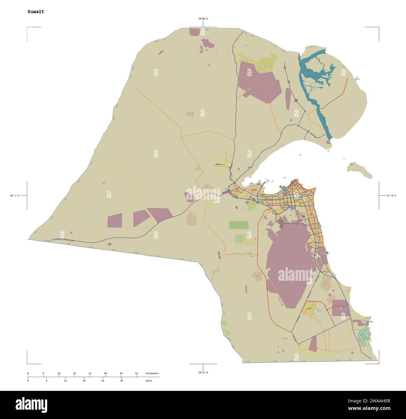 Shape of a topographic, OSM Humanitarian style map of the Kuwait, with ...