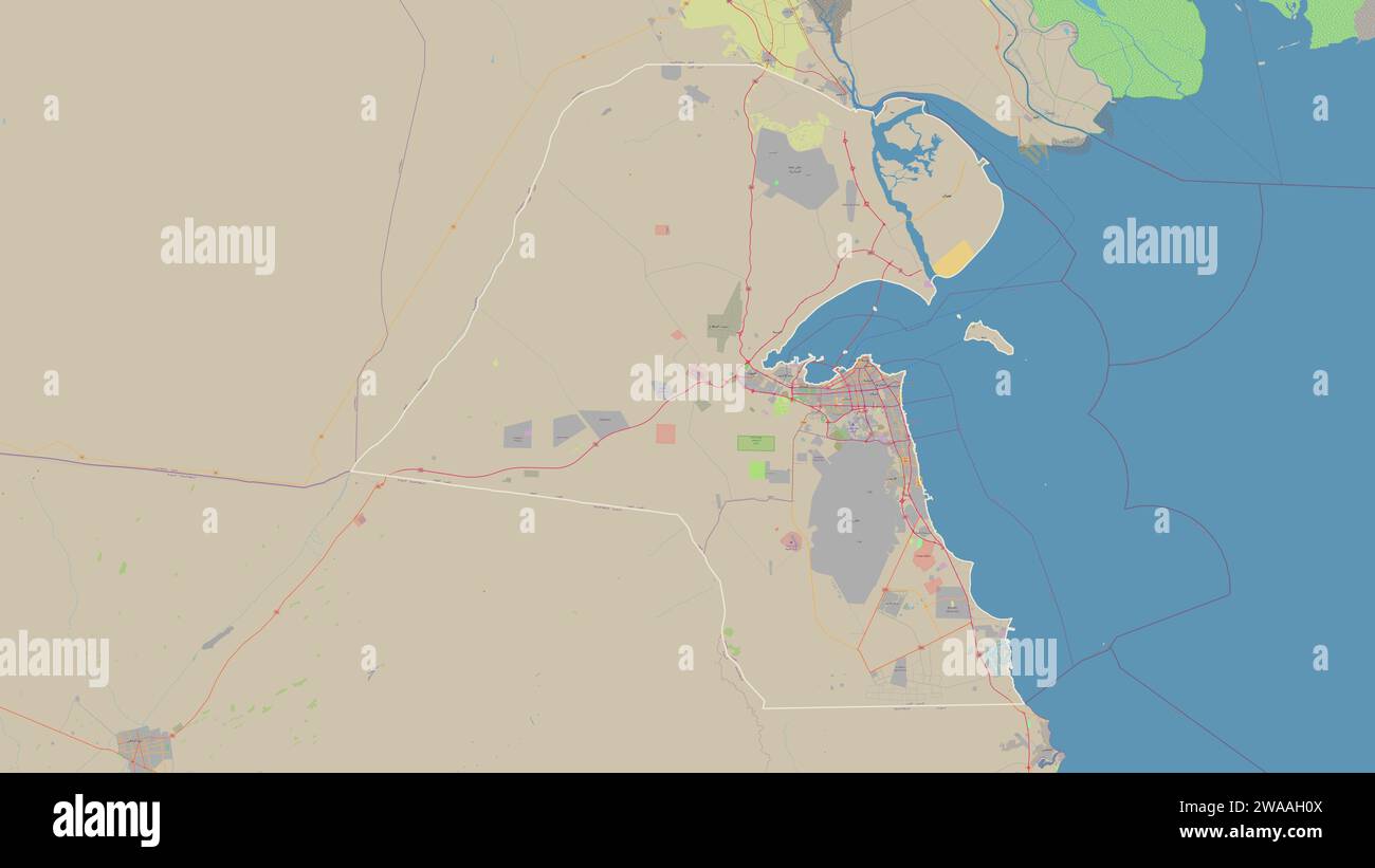 Kuwait outlined on a topographic, OSM standard style map Stock Photo ...