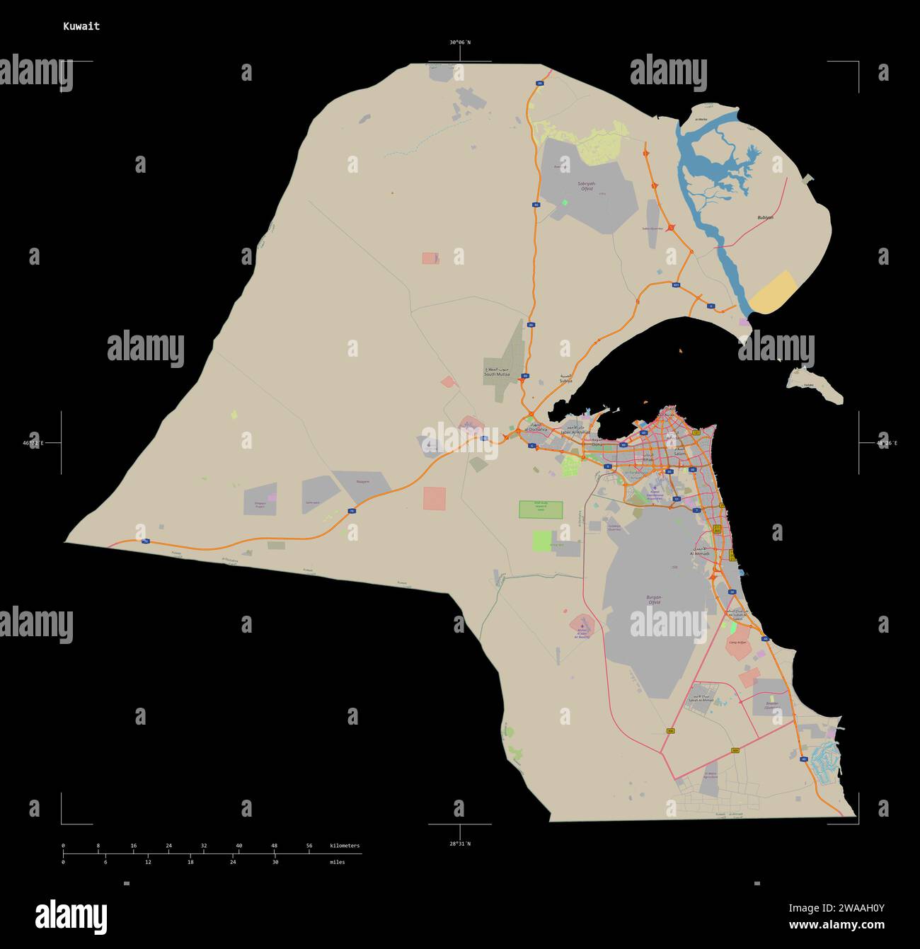 Shape of a topographic, OSM Germany style map of the Kuwait, with distance scale and map border ...
