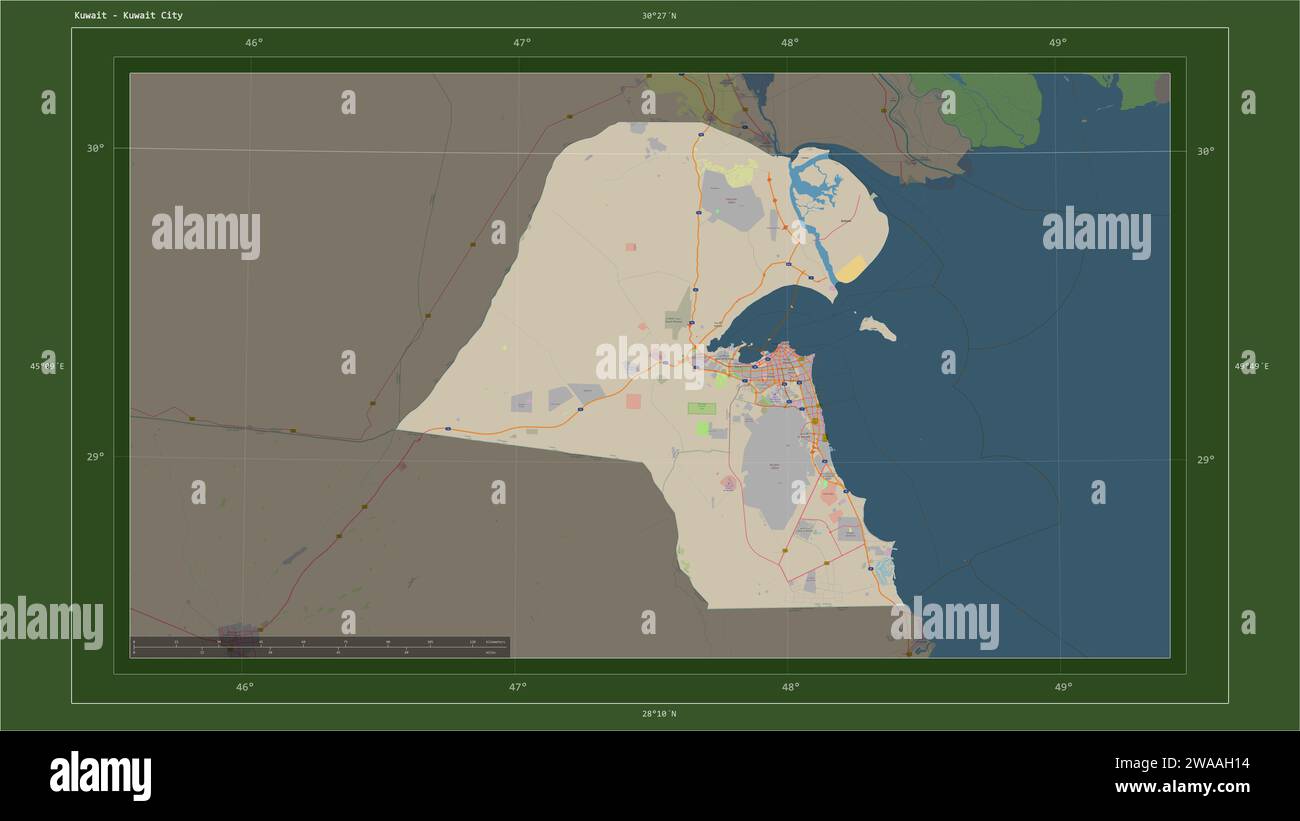 Kuwait highlighted on a topographic, OSM Germany style map map with the ...