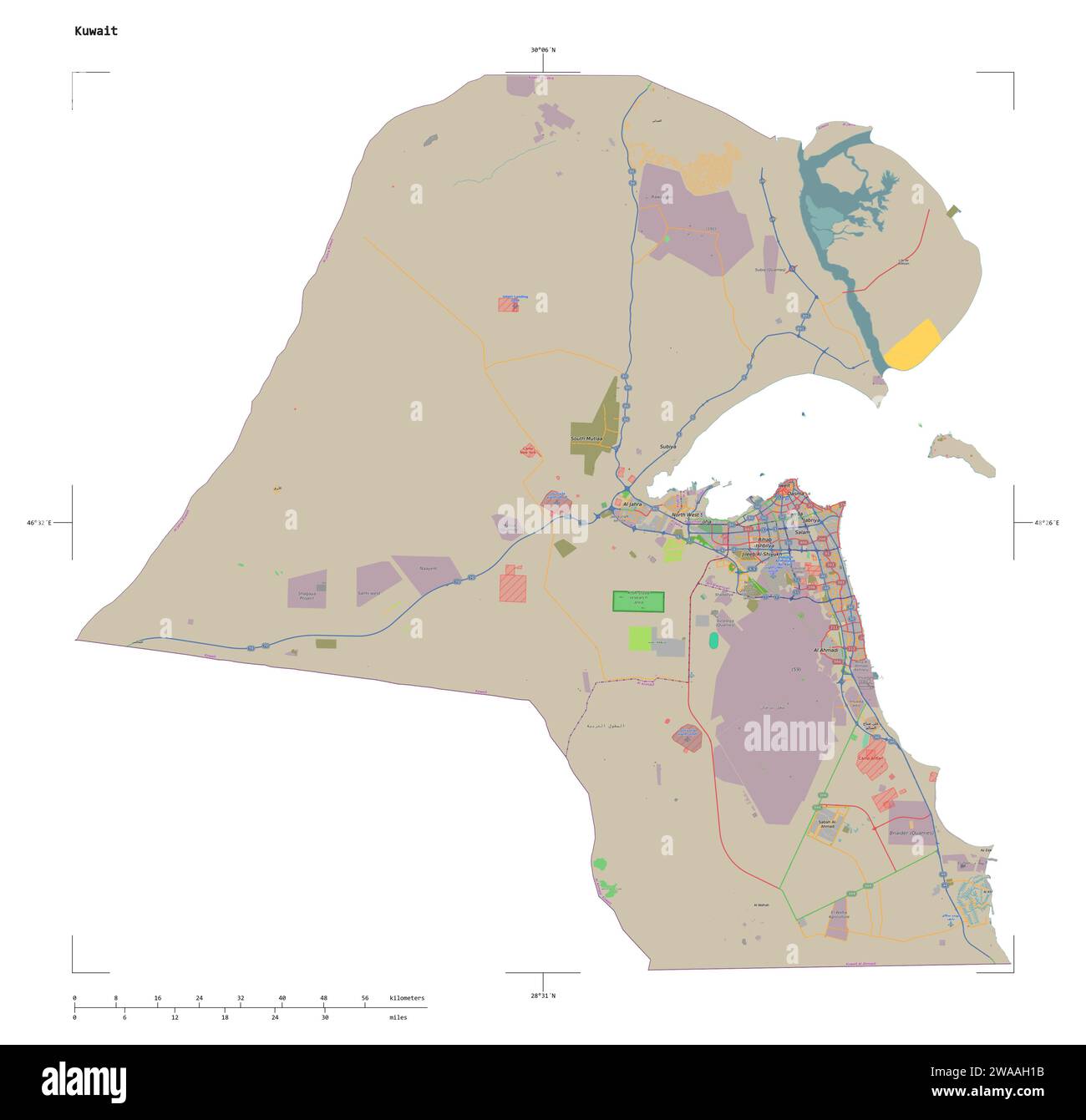 Shape of a topographic, OSM France style map of the Kuwait, with ...