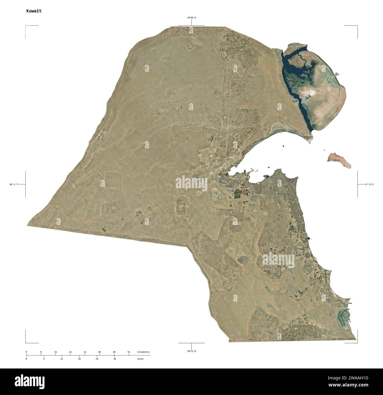Shape of a high resolution satellite map of the Kuwait, with distance scale and map border ...