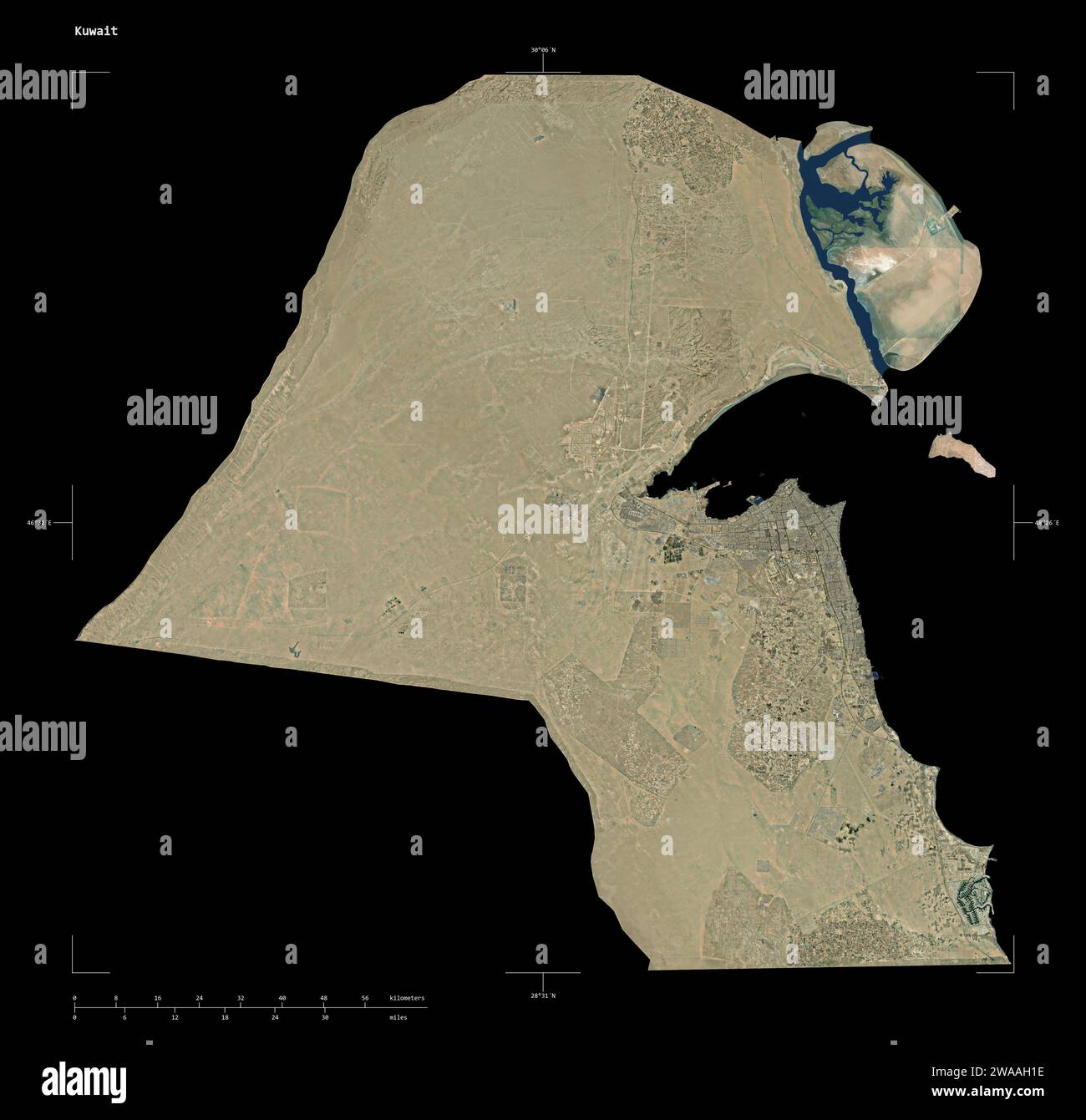 Shape of a low resolution satellite map of the Kuwait, with distance ...