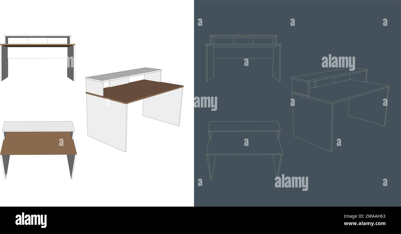 Set of working table wireframe furniture vector for work, study, design ...