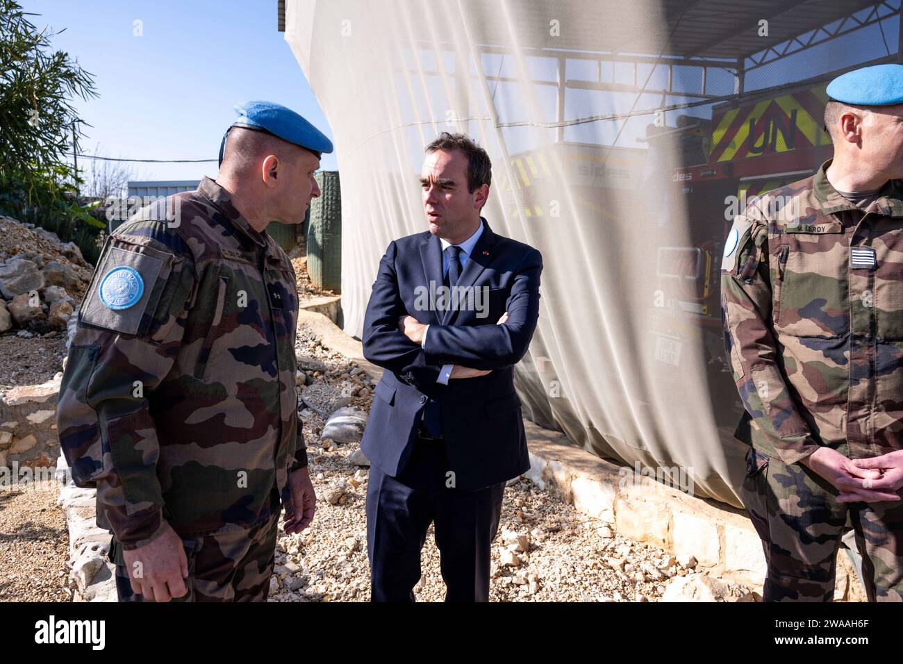 Deir Kifa, Lebanon. 01st Jan, 2024. French army minister Sebastien ...