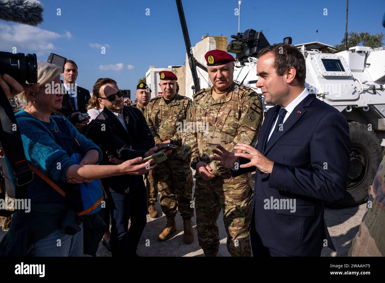 Deir Kifa, Lebanon. 01st Jan, 2024. French army minister Sebastien ...